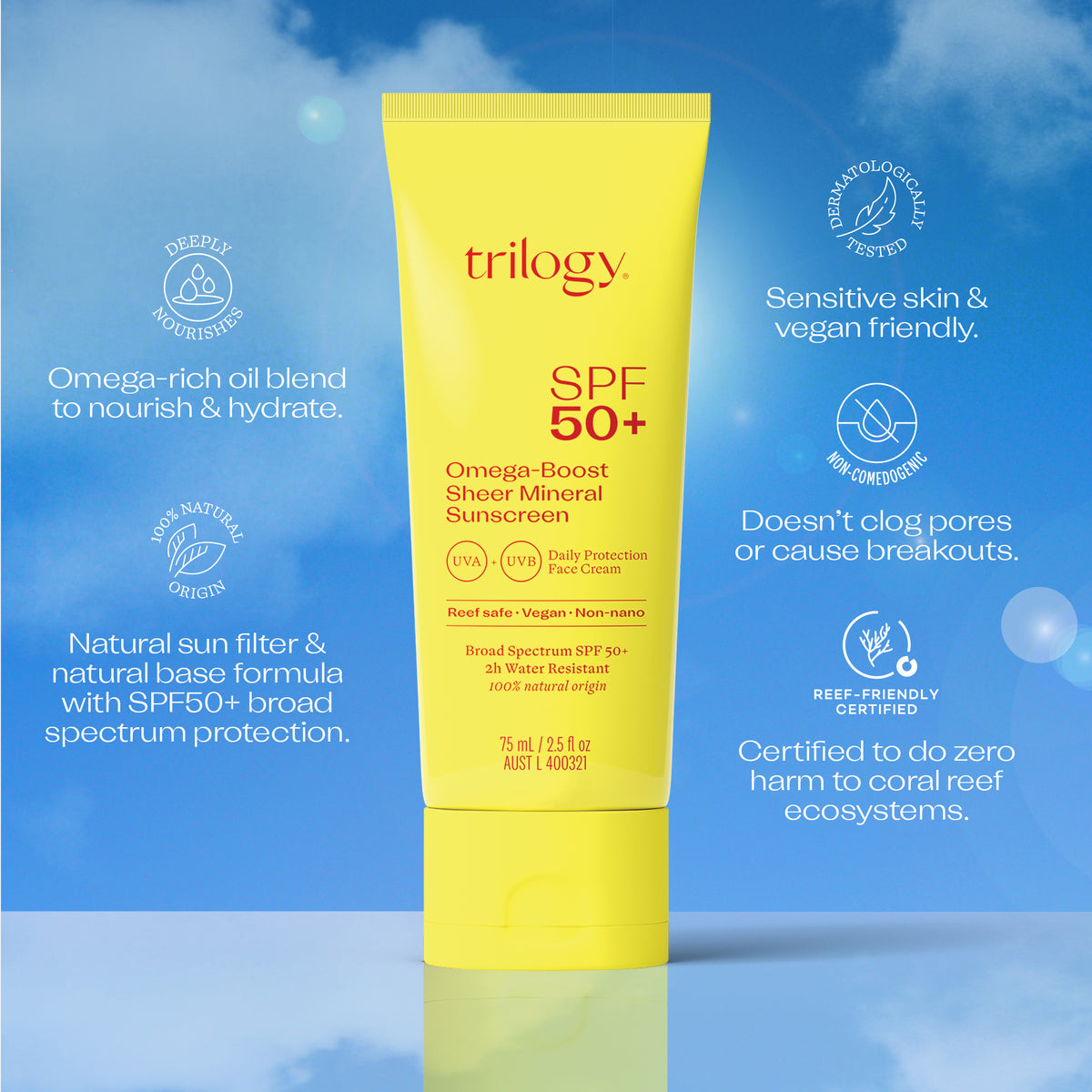 Trilogy SPF 50+ Omega-Boost Sheer Mineral Sunscreen, 75mL